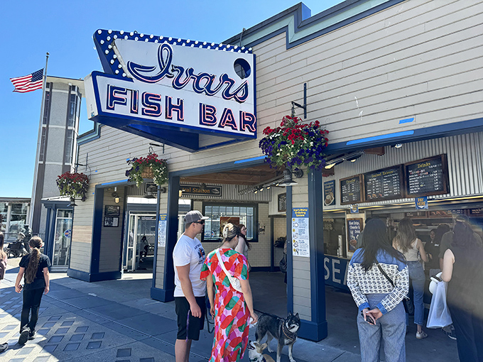 Where Seattle's seafood dreams come true! Ivar's bustling storefront welcomes seafood pilgrims with promises of clam-filled treasures.