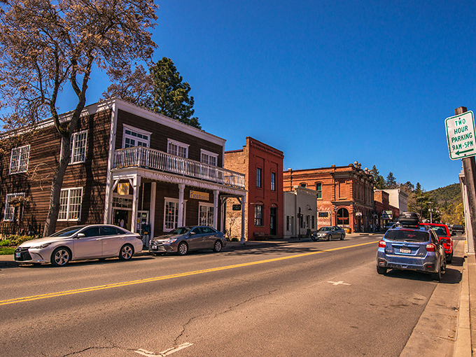 Sunlight bathes Jacksonville's main street, where modern cars park alongside architecture that remembers the clop of horse hooves.