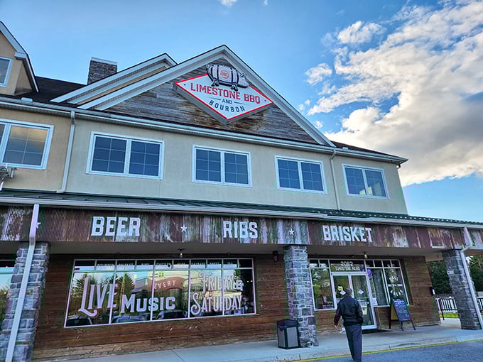 Where rustic charm meets serious smoke. Limestone BBQ's weathered wood exterior is like a treasure map leading to BBQ gold.