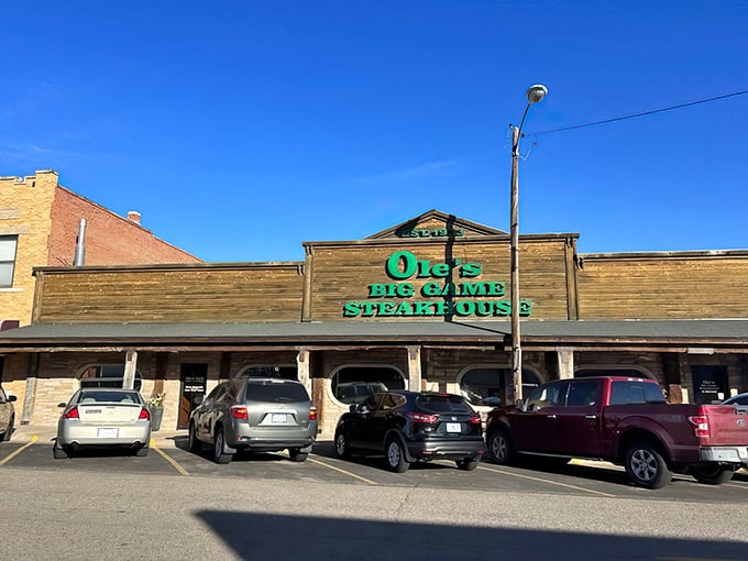 "Big Game" isn't just in the name—Ole's rustic exterior and bold green signage promise a steakhouse experience worth hunting down.