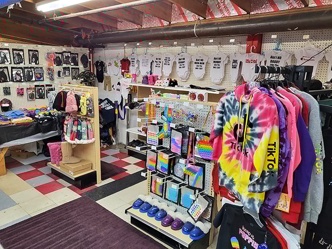 Tie-dye and treasures coexist peacefully here, like Woodstock for shoppers who appreciate both nostalgia and bargains.
