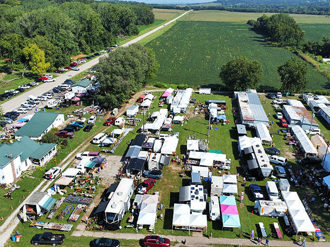 Aerial view reveals the magnificent sprawl of Sparks Flea Market. It's Woodstock for antique lovers!