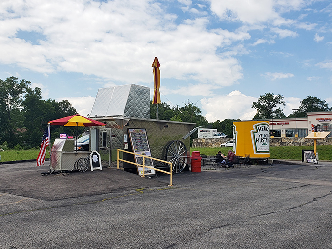 Wagon wheels meet wieners at this gleaming roadside attraction where the American flag flies as proudly as the hot dog banner.