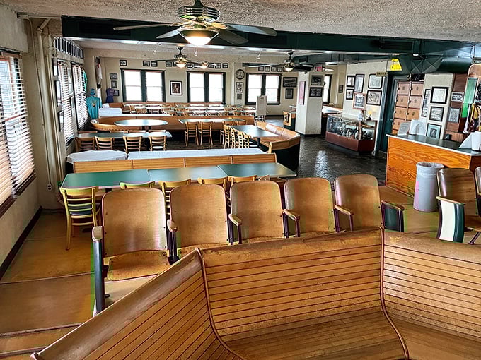 These theater-style wooden seats have witnessed countless strikes, spares, and the occasional gutter ball drama.