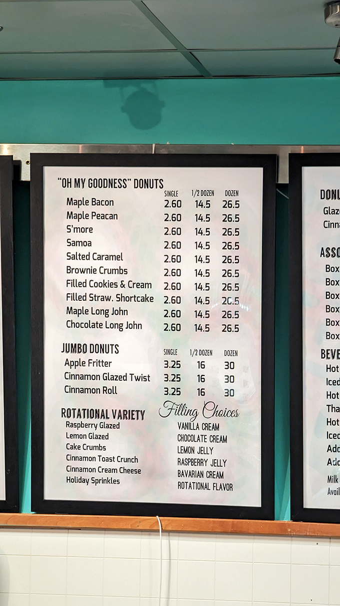 The menu board reads like a love letter to indulgence, with "Oh My Goodness" donuts living up to their name.