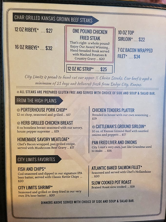 This menu isn't just a list&mdash;it's a love letter to Kansas beef. Notice how they age their steaks 21 days? That's not a suggestion, that's a commitment.