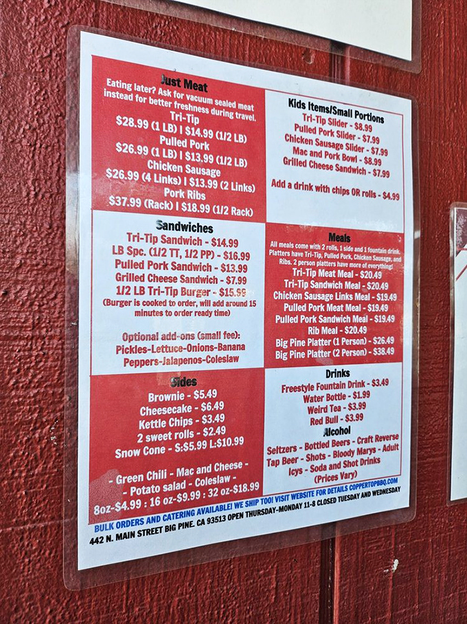 A menu that reads like barbecue poetry &ndash; tri-tip, pulled pork, and ribs star in this smoky Eastern Sierra symphony.