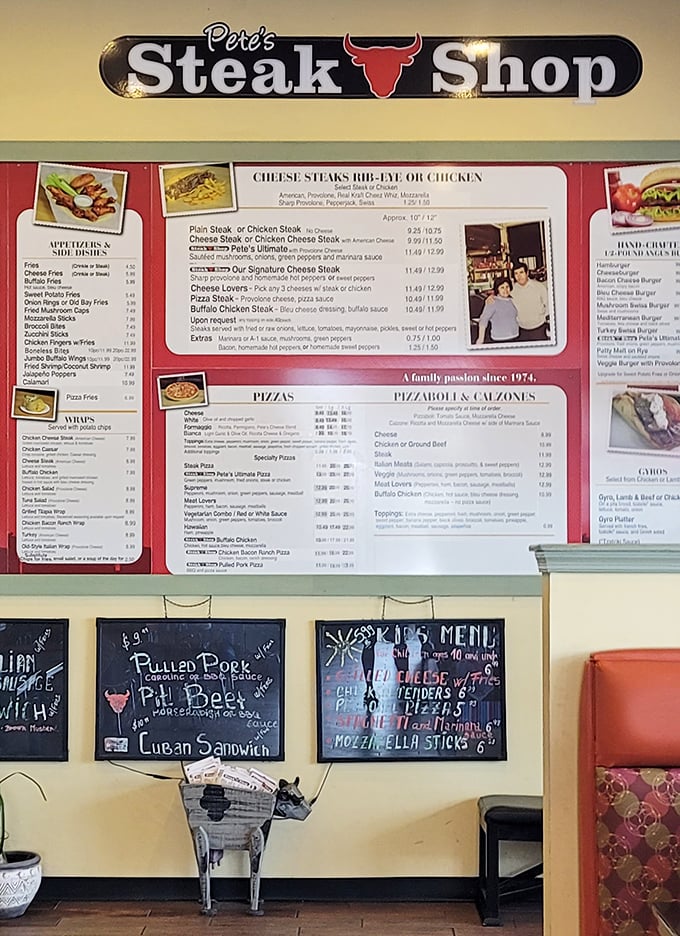 The menu board reveals Pete's has been a "family passion since 1974." Nearly five decades of perfecting the art of the cheesesteak speaks volumes.