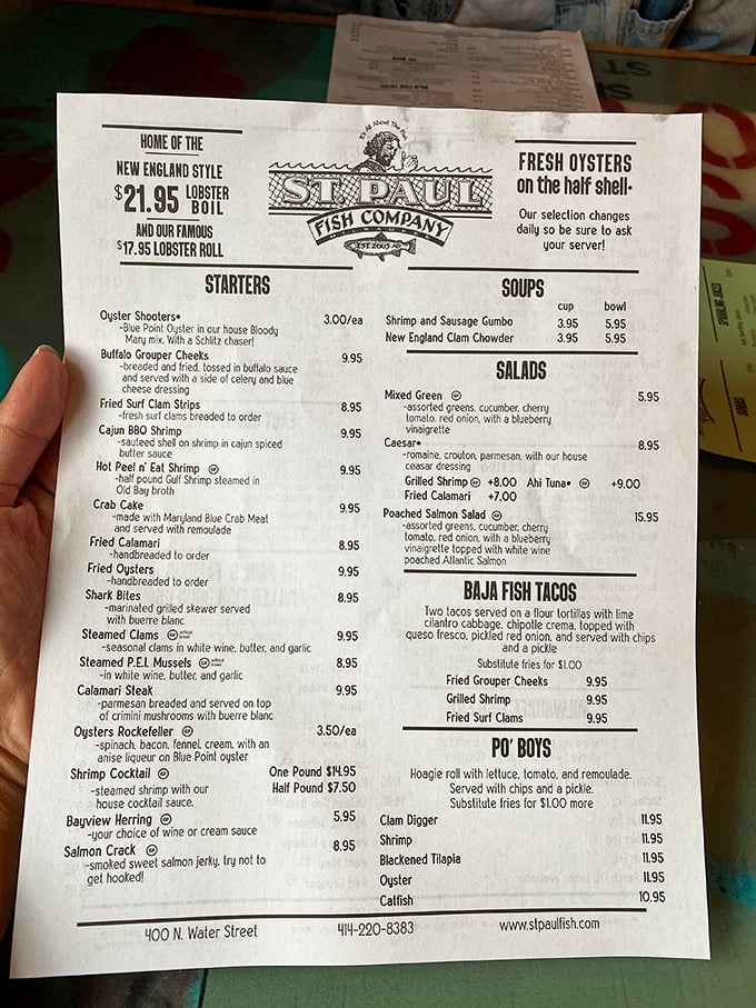 This menu is like a treasure map where X marks the spot for lobster rolls and oyster shooters. Adventure awaits!
