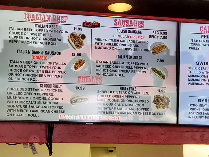 The menu board reads like a love letter to Chicago street food &ndash; no fancy descriptions needed when the classics speak for themselves.
