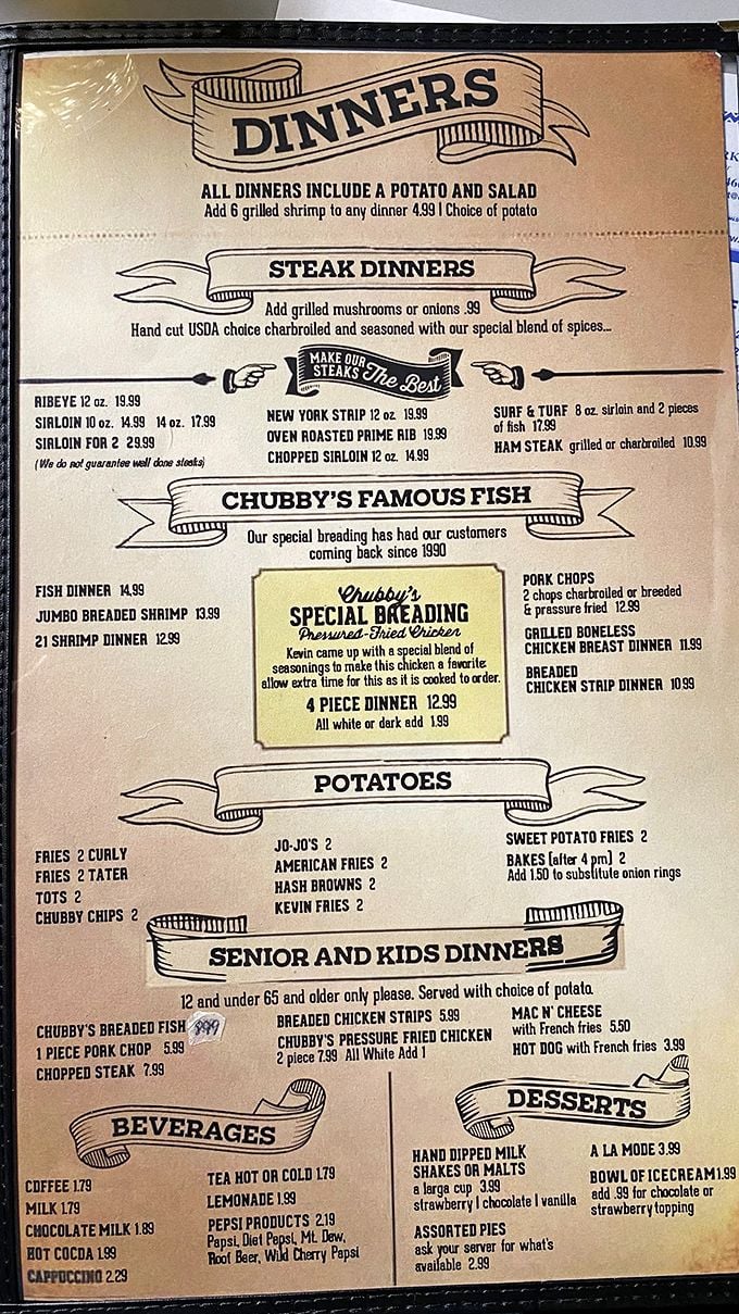 This menu isn't just a list of options&mdash;it's a declaration of culinary intent. Hand-cut steaks and that famous fish breading since 1990!