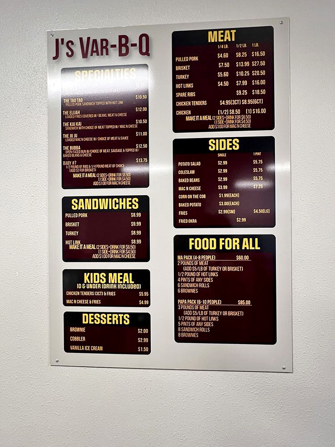 This menu isn't just a list&mdash;it's a roadmap to delicious decisions. Note how brisket commands premium position, a clue to what's truly special here.