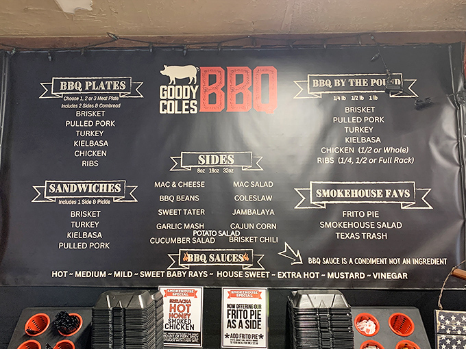 The menu board speaks the universal language of smoked meat perfection. No fancy descriptions needed when the food speaks for itself.