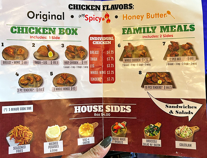 The menu board presents life's most important decision: Original, Spicy, or Honey Butter? Why not try all three?