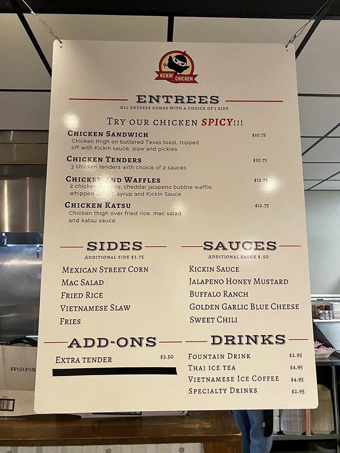A menu so focused it makes haiku poets seem indecisive. Each option promises a different path to chicken nirvana.