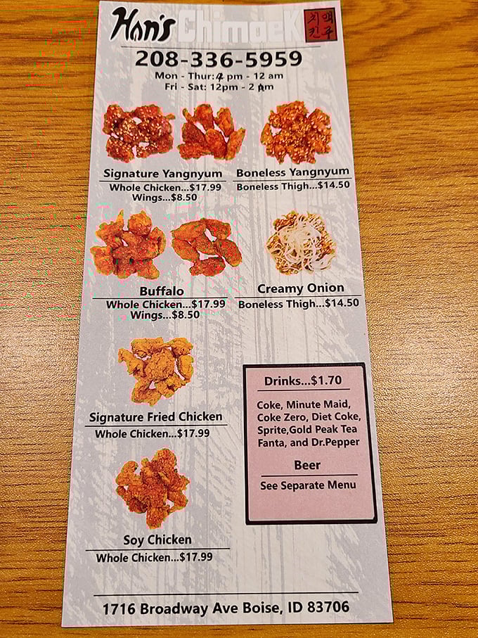 The menu reads like poetry to chicken lovers&mdash;Yangnyum, Buffalo, Creamy Onion&mdash;each promising a different path to happiness.