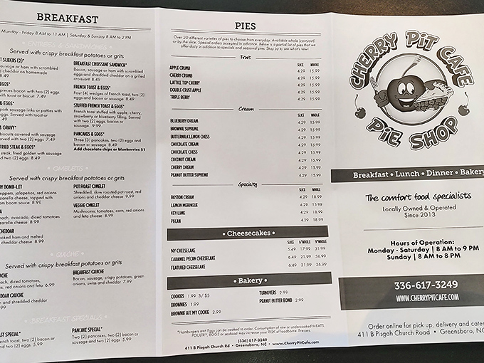 A menu that reads like a love letter to comfort food. The pie section alone deserves its own zip code.