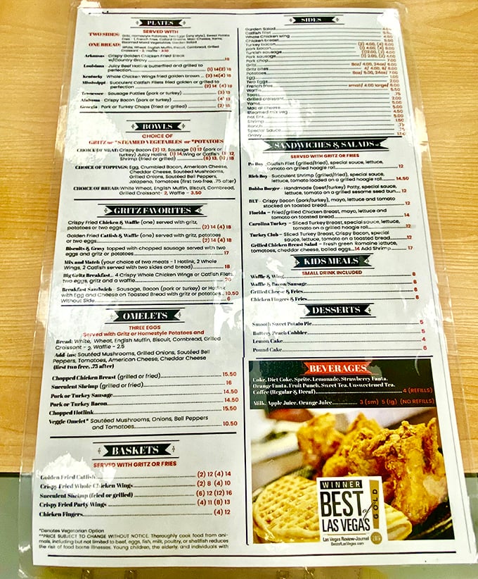 The menu reads like a love letter to Southern cuisine, with the "Gritz Favorites" section serving as the passionate climax.