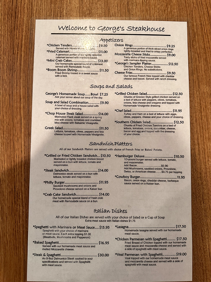 This menu isn't just a list of options&mdash;it's a roadmap to happiness. The "George's Sampler Platter" isn't a suggestion, it's practically a civic duty.
