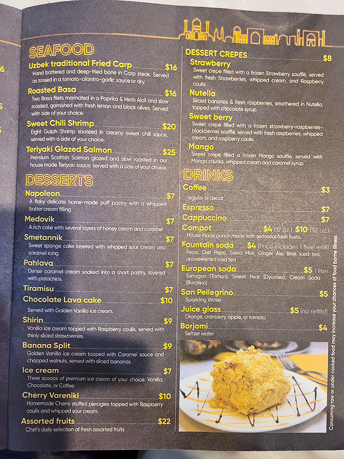 A menu that reads like a delicious geography lesson. Uzbek fried carp shares space with American classics, while Napoleon dessert waits patiently for your inevitable surrender.