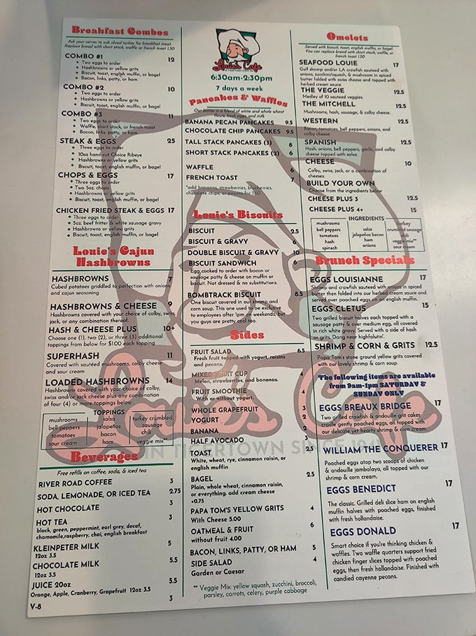 The menu reads like a love letter to breakfast, with "Louie's Cajun Hashbrowns" getting its own spotlight section.