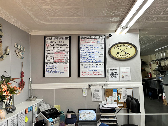 The handwritten menu boards tell you everything you need to know: this place prioritizes perfect chowder over perfect penmanship, and we're all better for it.
