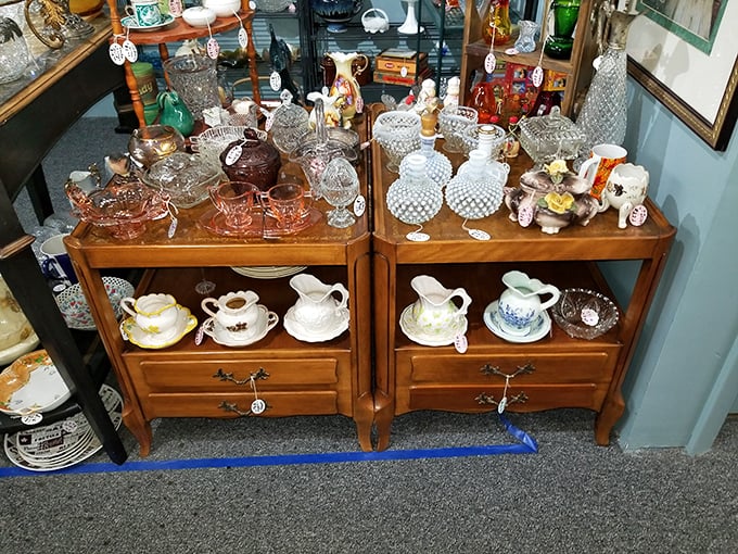 Crystal and porcelain treasures await new homes, each piece whispering stories of cocktail parties and special occasions from decades past.