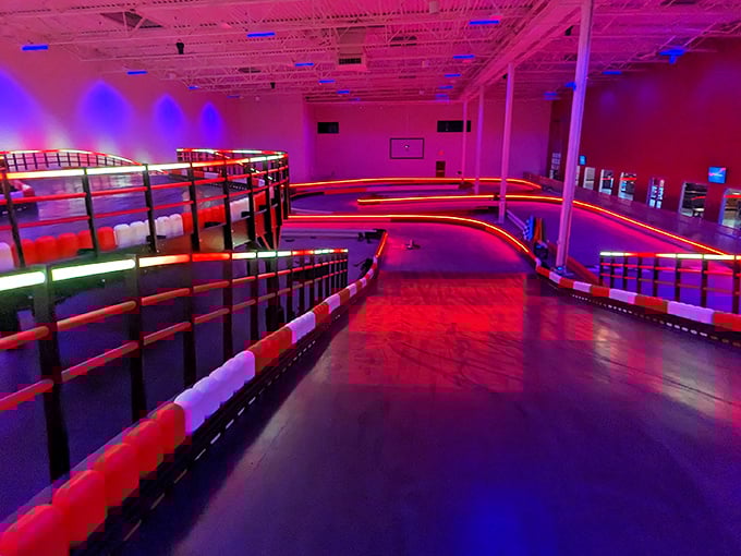 Under the glow of neon lights, the track transforms into a sci-fi racing fantasy that would make Tron jealous.
