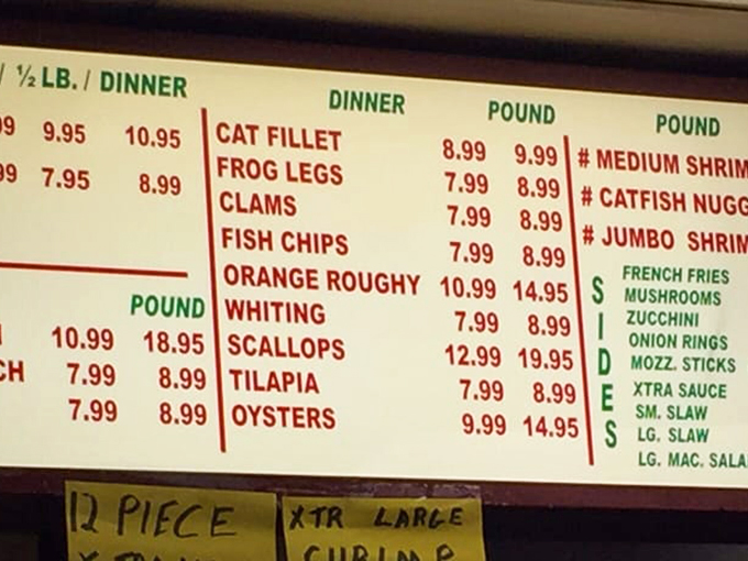 A menu that doesn't need fancy fonts or flowery descriptions&mdash;just straight talk about seafood treasures awaiting your order.