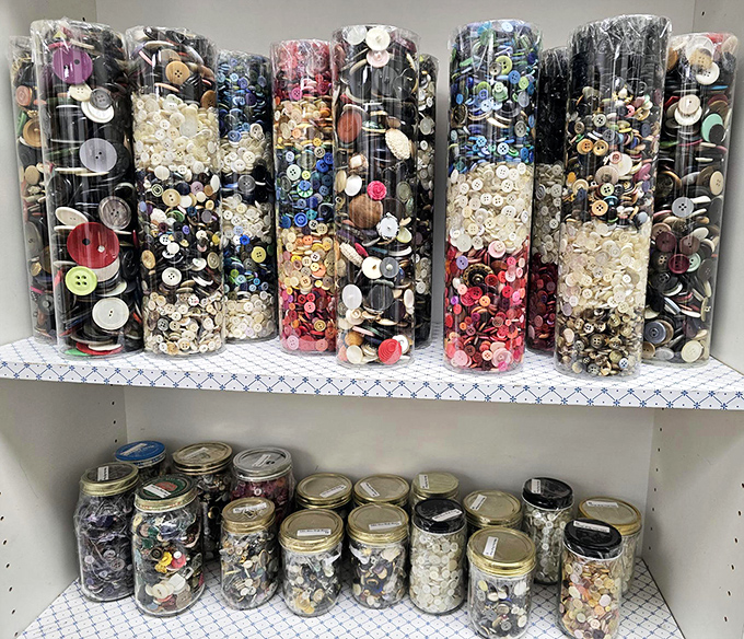 Button collectors, rejoice! These colorful cylinders of crafting potential are organized with more care than my sock drawer has ever received.