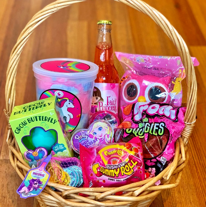 Gift baskets at Rocket Fizz transform ordinary presents into extraordinary memory bombs, packed with unicorn cotton candy and fairy princess soda that adults secretly covet.