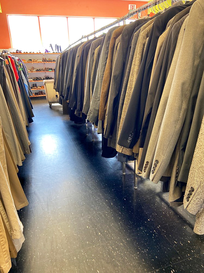 The men's formal section could outfit an entire law firm. These jackets have seen boardrooms, weddings, and probably at least one awkward toast.