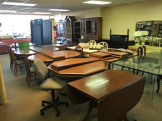 Dining table paradise where family heirlooms-in-waiting stand at attention, ready for their second act in your Sunday dinner productions.