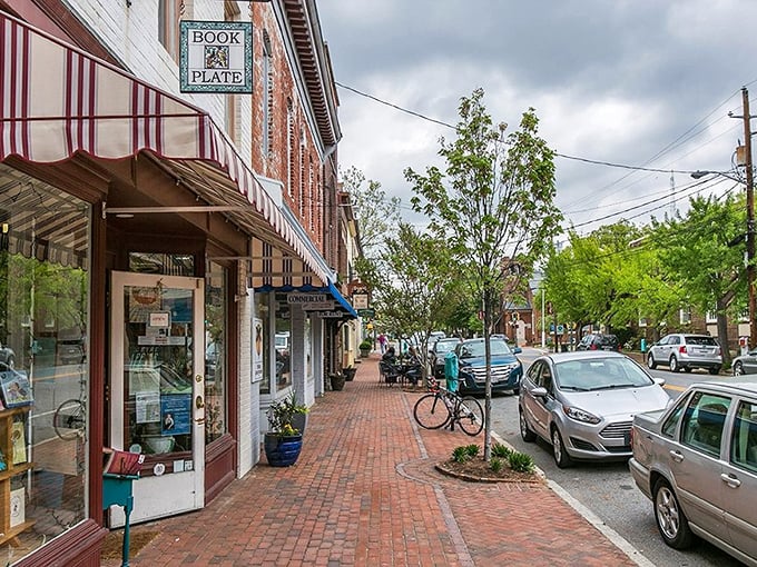 Brick sidewalks and striped awnings create the kind of Main Street that Hollywood tries to recreate on studio lots. This is the real deal, folks.