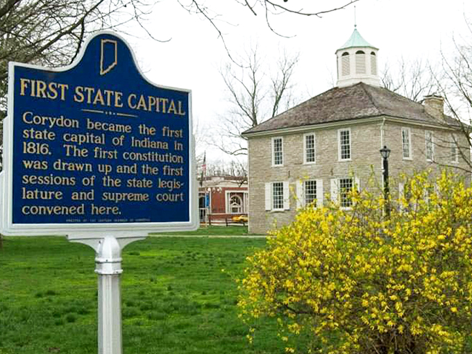 The First State Capitol building, where Indiana's political heartbeat began in 1816, stands proudly with its distinctive limestone walls and charming cupola.