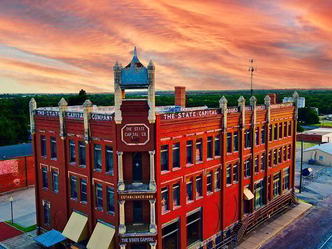 The State Capital Publishing building stands like Oklahoma's own flatiron, catching the sunset's glow as if it were designed specifically for your Instagram feed.