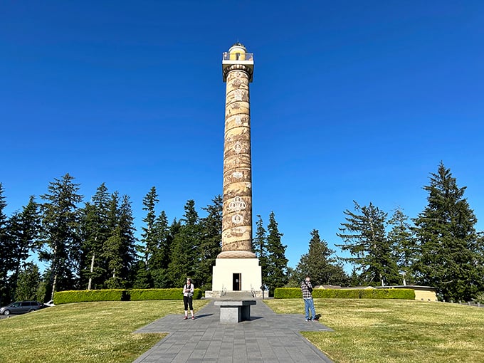 Historic Landmark: The Astoria Column stands tall like a lighthouse for land travelers, its spiral frieze telling Oregon's story in pictures worth a thousand words.