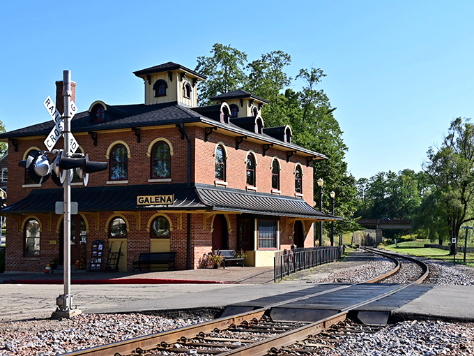Galena's restored train depot stands as a brick-and-mortar time machine, whispering tales of arrivals and departures from a bygone era.