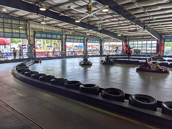 Indoor thrills await on the Slick Track, where controlled drifting becomes an art form and spectators enjoy the air-conditioned drama.