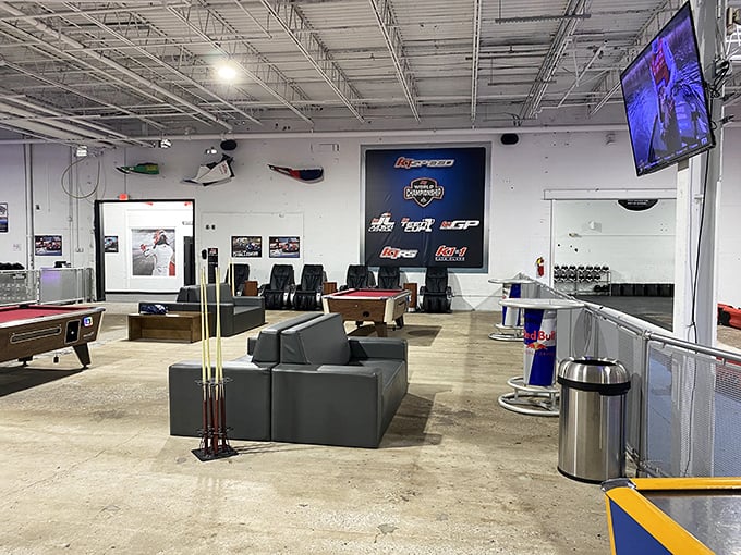 More than just racing—K1 Speed's lounge area offers pool tables and comfortable seating for when your arms need a break from steering.