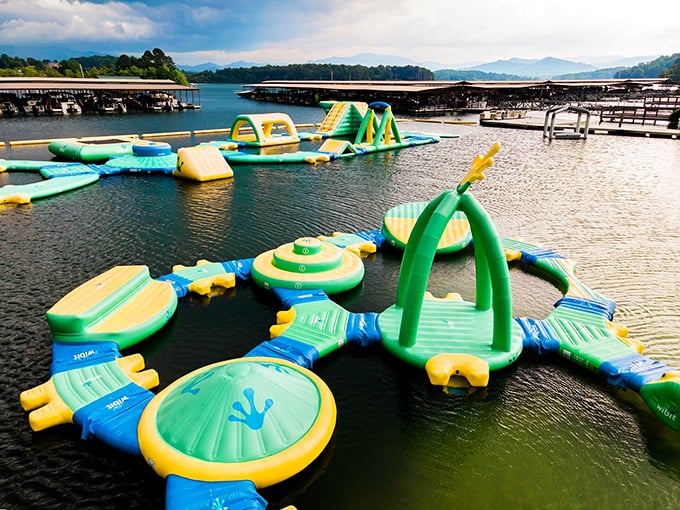 A watery obstacle course that would make American Ninja Warrior producers jealous. The mountain backdrop turns athletic humiliation into scenic splendor.