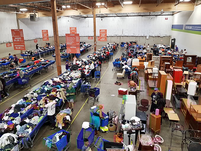 The thrifter's promised land: a warehouse where blue bins stretch toward the horizon like an archeological dig site for modern treasures.