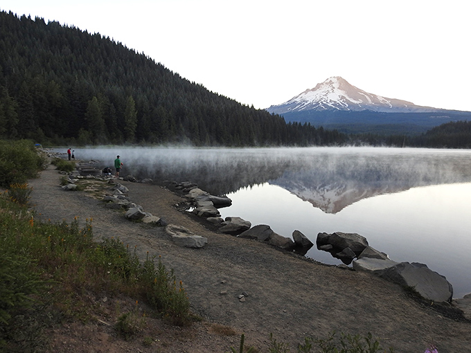 Morning mist dancing across the lake creates that "Bob Ross painting come to life" moment. Mount Hood's reflection is just showing off at this point.
