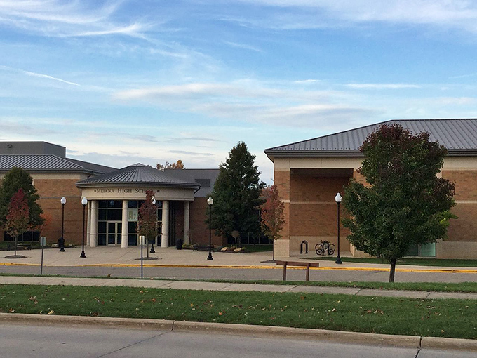 Not your average school building! Medina High School looks more like a small-town community center ready to host the next town meeting.