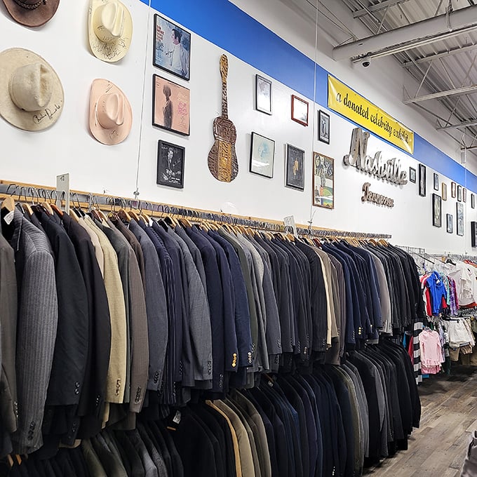 The Nashville music scene influence is everywhere, even in the men's section where cowboy hats and vintage guitars create an authentically local backdrop.
