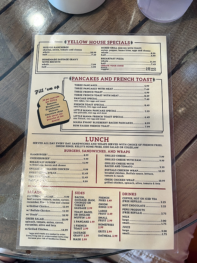 A menu that speaks the universal language of comfort food. The "Yellow House Specials" section alone is worth the trip.