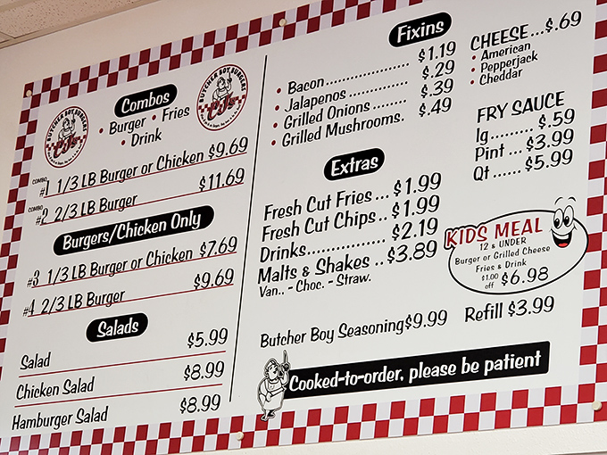 A menu that cuts straight to the chase. No flowery descriptions needed when your burgers speak this eloquently for themselves.