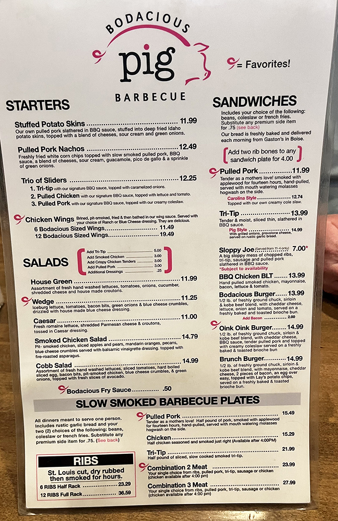 A menu that reads like a love letter to smoked meats. Each description promises a flavor journey that'll have you plotting return visits before your first bite.