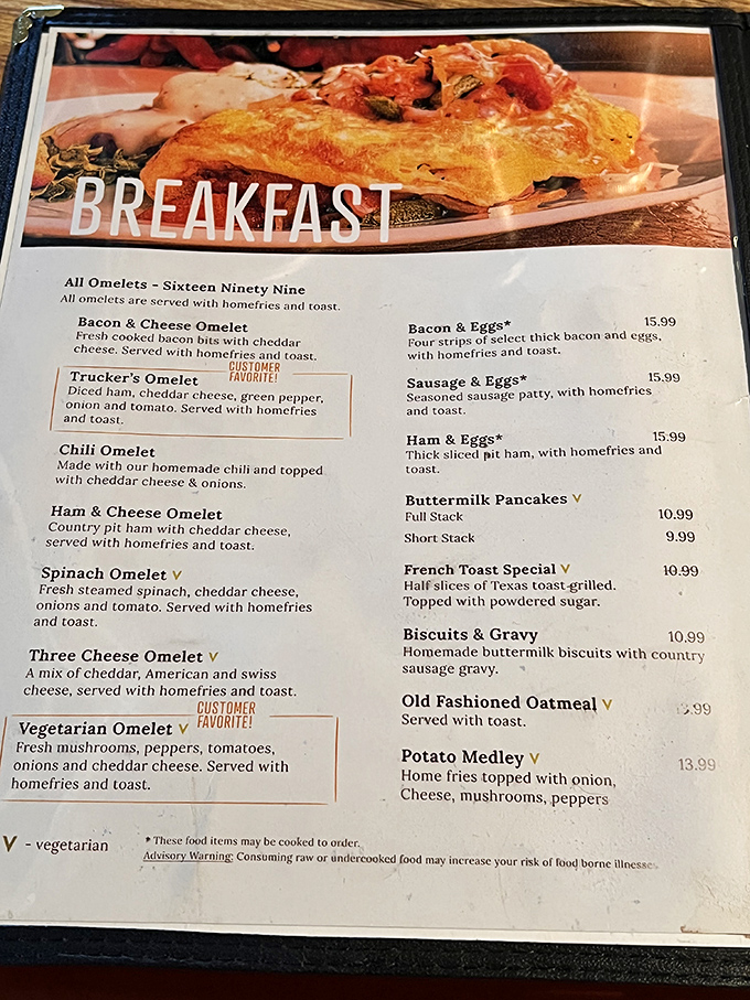 The breakfast menu reads like poetry to hungry travelers&mdash;notice the "customer favorite" callouts guiding you to omelet nirvana.