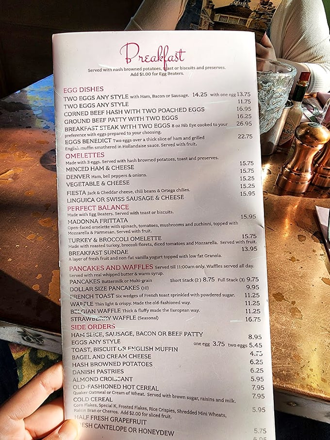 The breakfast menu reads like a love letter to morning indulgence. Decisions this difficult should come with a therapist on standby.